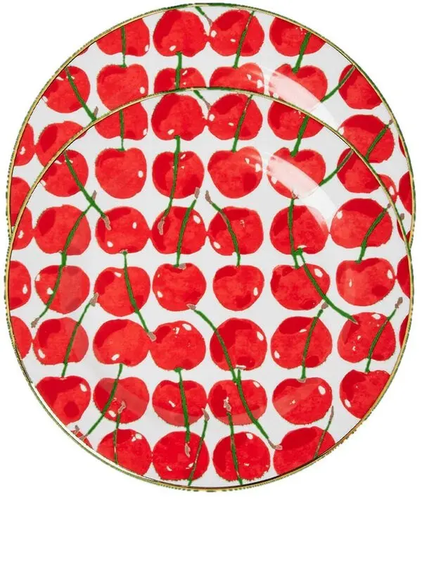 La DoubleJ Cherries Avorio-print Dessert Plates - Red