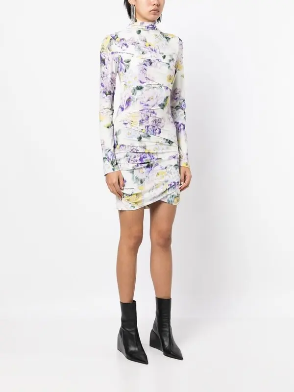 Off-White Floral-print Draped Dress - Green