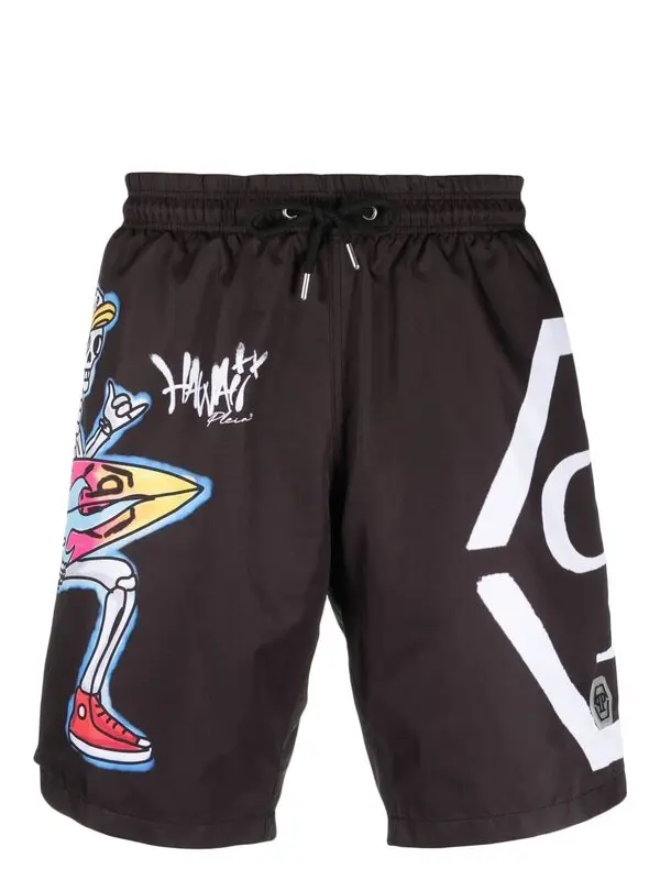 Philipp Plein Graffiti-print Drawstring-waist Swim Shorts - Black