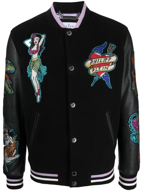 Philipp Plein Embellished College Bomber Jacket - Black