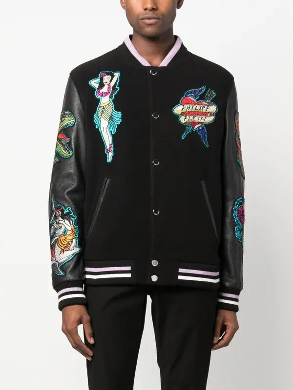 Philipp Plein Embellished College Bomber Jacket - Black