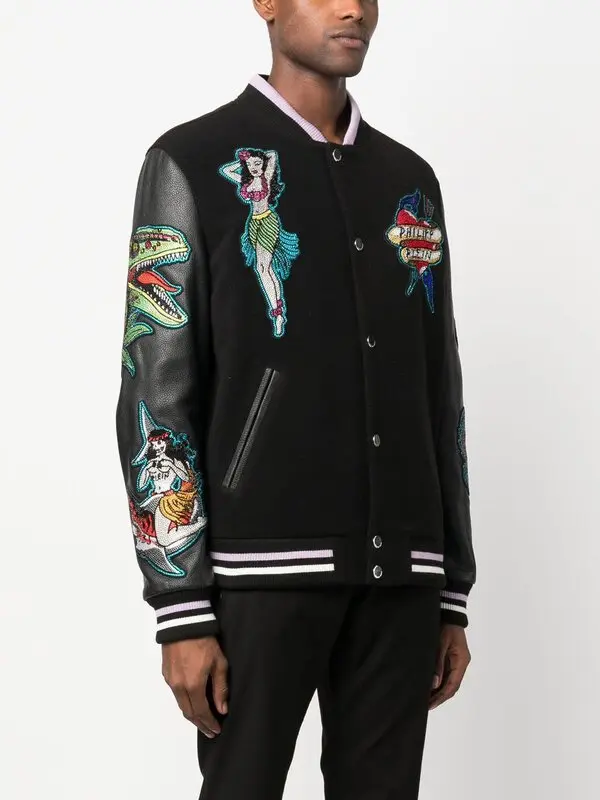 Philipp Plein Embellished College Bomber Jacket - Black