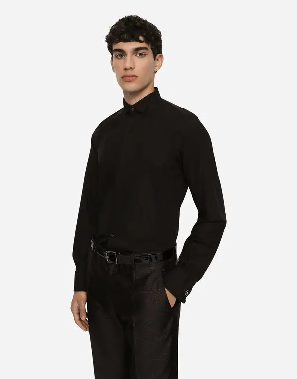 Dolce & Gabbana Cotton Poplin Gold-fit Tuxedo Shirt - Black