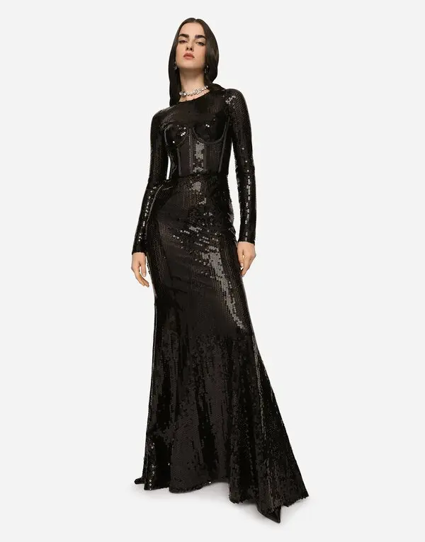 Dolce & Gabbana Long Sequined Dress With Corset - Black