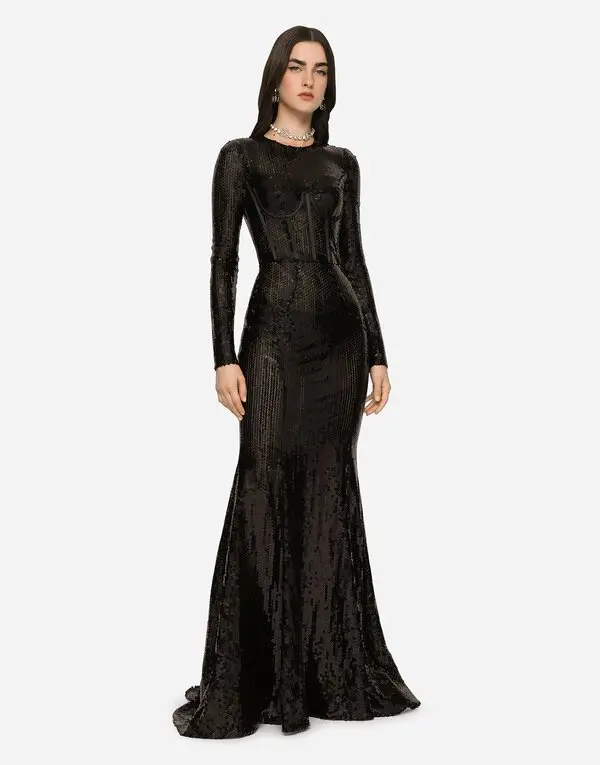 Dolce & Gabbana Long Sequined Dress With Corset - Black