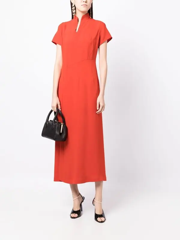 Shiatzy Chen Mulberry Silk Split Neck Midi Dress