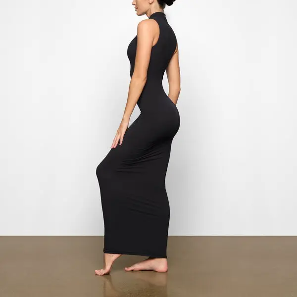 fits everybody sleeveless mock neck dress Solid Sleeveless Mock Neck Bodycon Maxi Dress Black / M