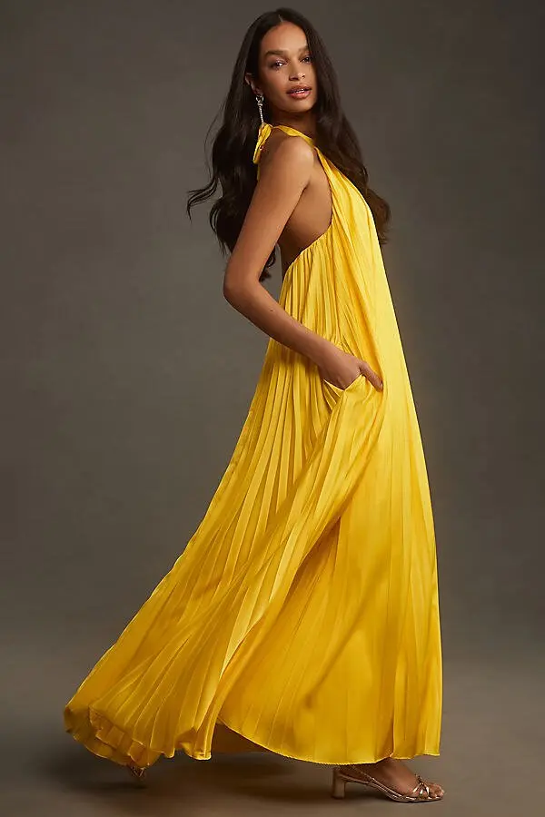 Hutch Halter Pleated Maxi Dress In Yellow - 71% Off | Editorialist