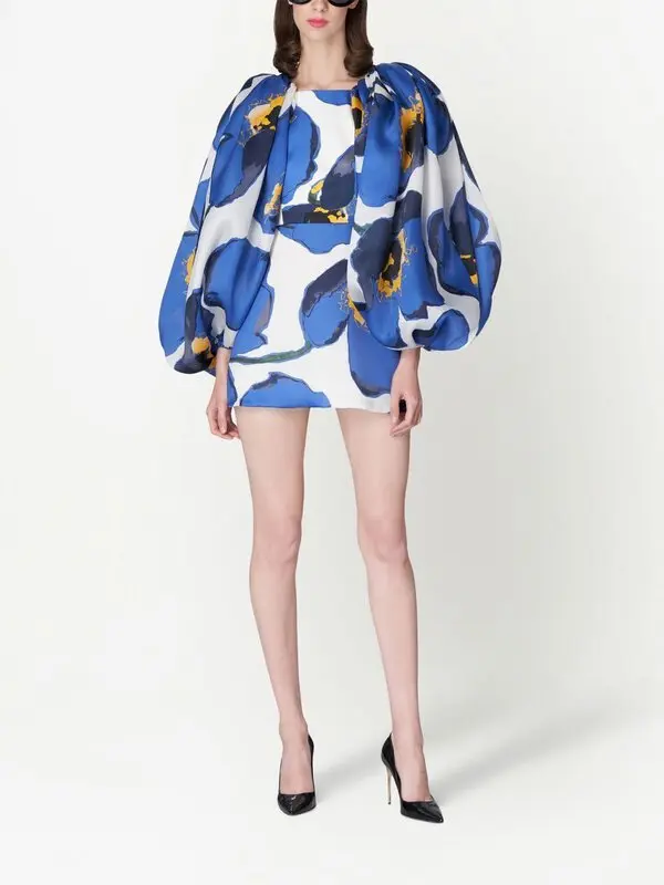 Carolina Herrera Floral Print Balloon Sleeve Mini Dress - White