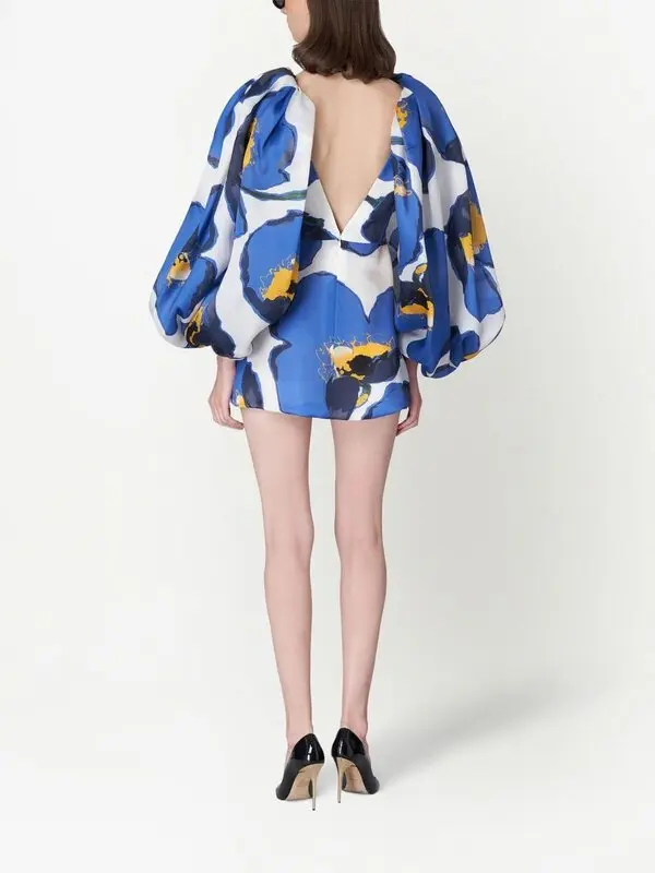 Carolina Herrera Floral Print Balloon Sleeve Mini Dress - White