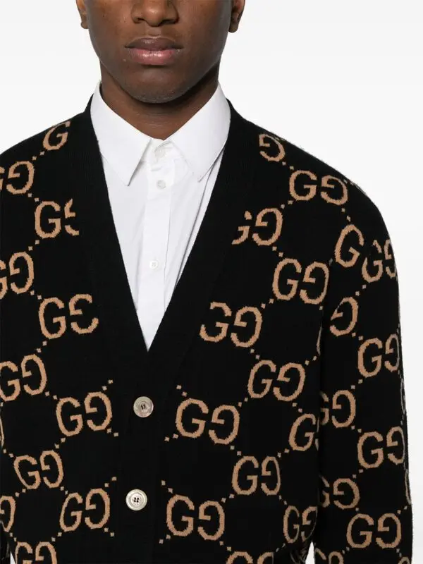 Gucci Gg Jacquard Wool Cardigan - Black | Editorialist