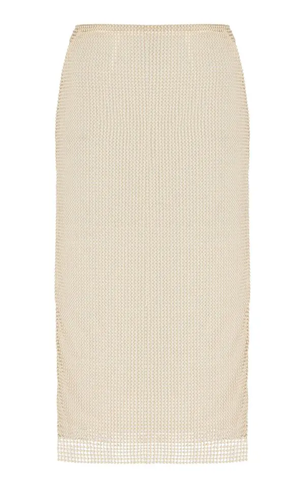 Prada Pearl-embroidered Mesh Midi Skirt - Neutral