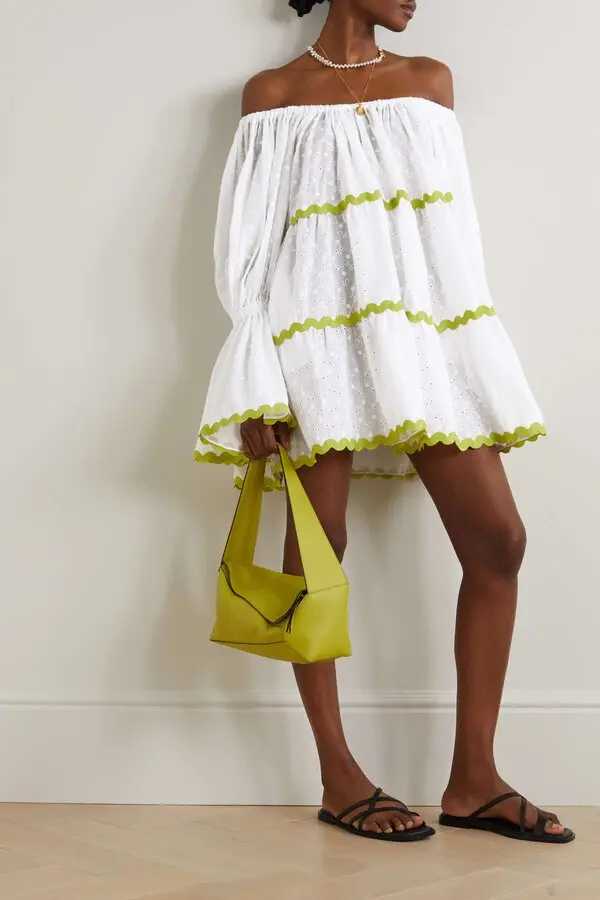 Flora Sardalos Amorgos Off-The-Shoulder Ric Rac-Trimmed Broderie Anglaise  Cotton Mini Dress In White - 30% Off | Editorialist