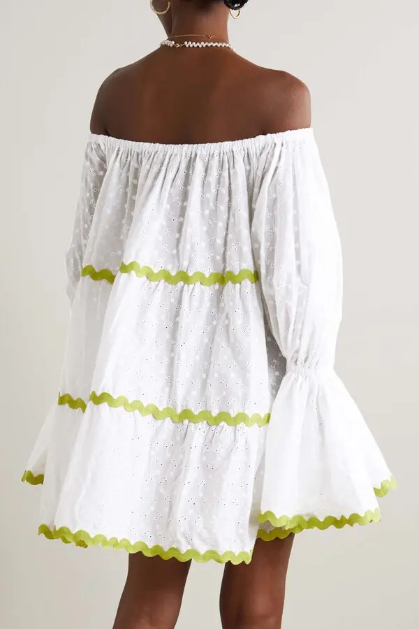 Flora Sardalos Amorgos Off-The-Shoulder Ric Rac-Trimmed Broderie Anglaise  Cotton Mini Dress In White - 30% Off | Editorialist