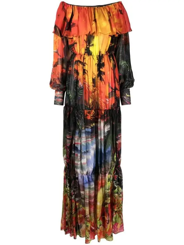 Philipp Plein Printed Pleated Maxi Dress