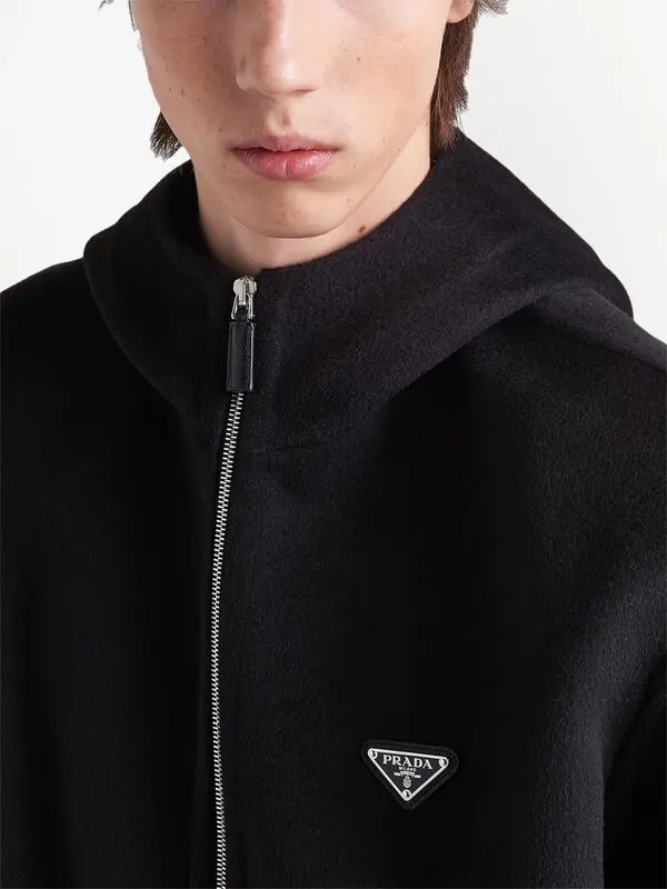 Prada Triangle-Logo Zip-Up Hoodie - Black | Editorialist