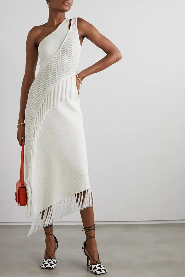 saida knit dress Cult Gaia Saida One-Shoulder Asymmetric Tasseled Pointelle-Knit Midi Dress  - Unknown