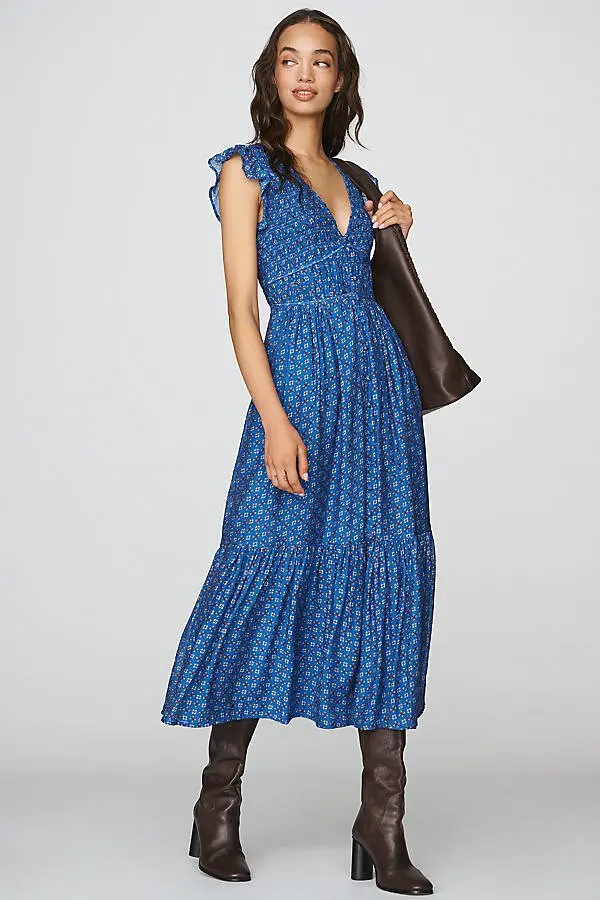 Anthropologie Peregrine Midi Dress With Cap Sleeves And Floral Print - Blue Pattern