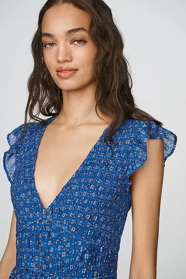 Anthropologie Peregrine Midi Dress With Cap Sleeves And Floral Print - Blue Pattern