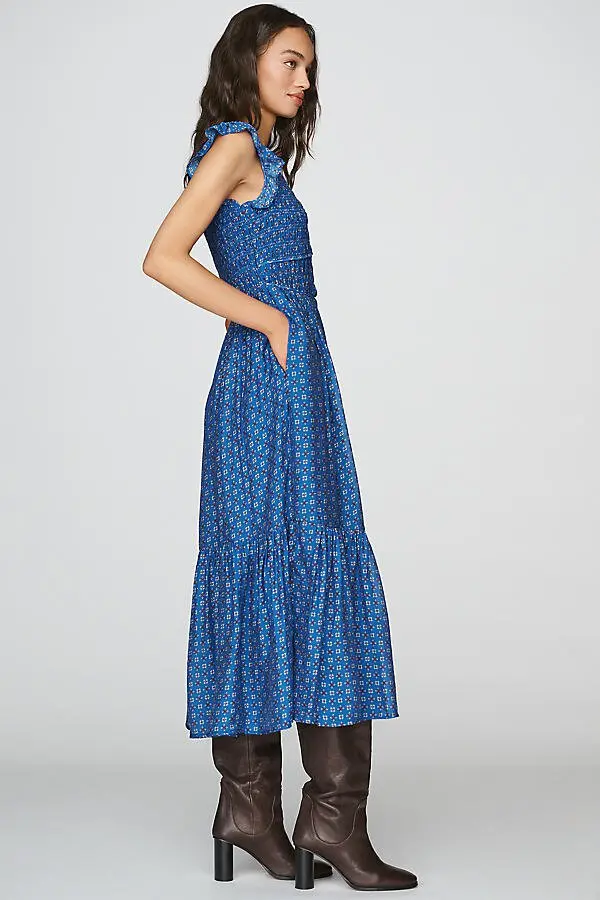 Anthropologie Peregrine Midi Dress With Cap Sleeves And Floral Print - Blue Pattern