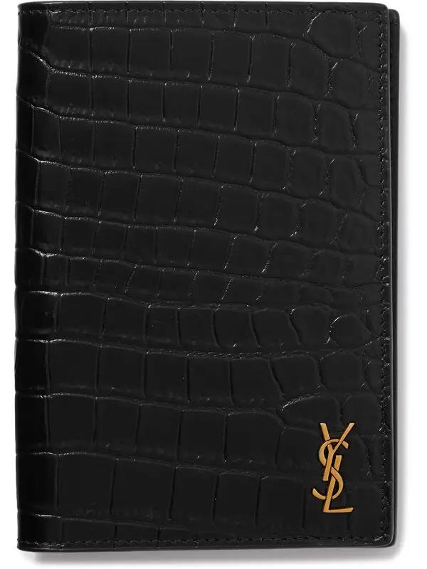 Saint Laurent Cassandre Logo-appliquéd Croc-effect Leather Passport Cover - Black