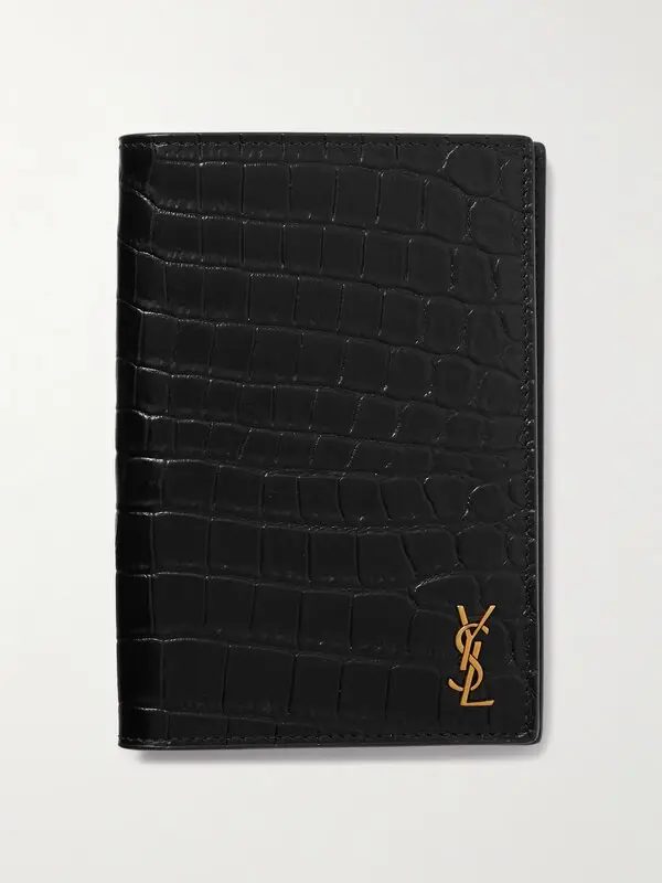 Saint Laurent Cassandre Logo-appliquéd Croc-effect Leather Passport Cover - Black