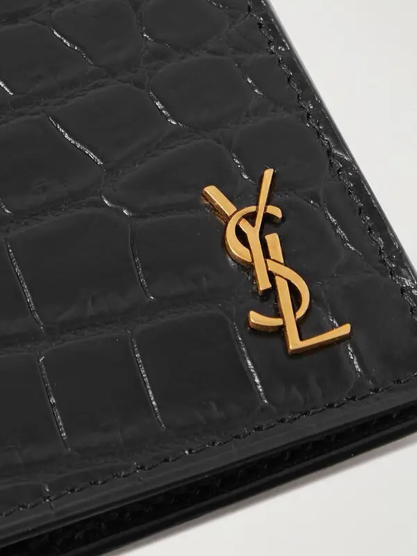 Saint Laurent Cassandre Logo-appliquéd Croc-effect Leather Passport Cover - Black