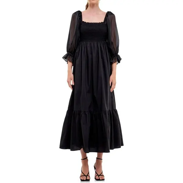 English Factory Smocked Poplin & Organza Midi Dress