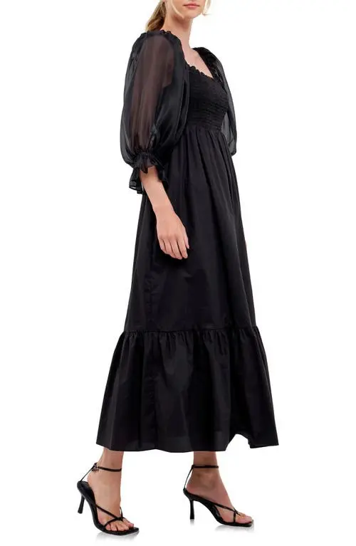 English Factory Smocked Poplin & Organza Midi Dress