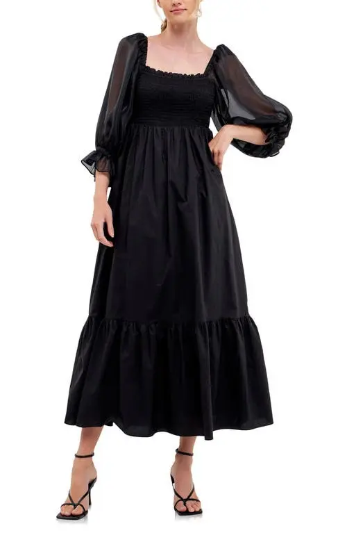 English Factory Smocked Poplin & Organza Midi Dress