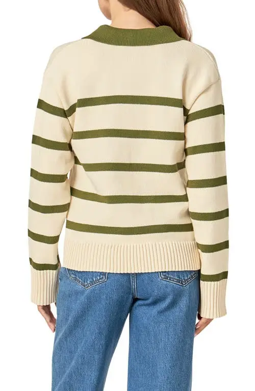 English Factory Stripe Collared Sweater - Cream/ Olive