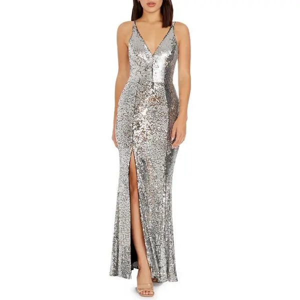 Dress The Population Iris Sequin Gown - Silver