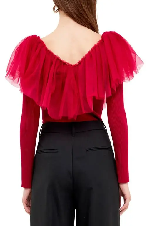 Endless Rose Ruffle Mesh Mixed Media Top - Cherry