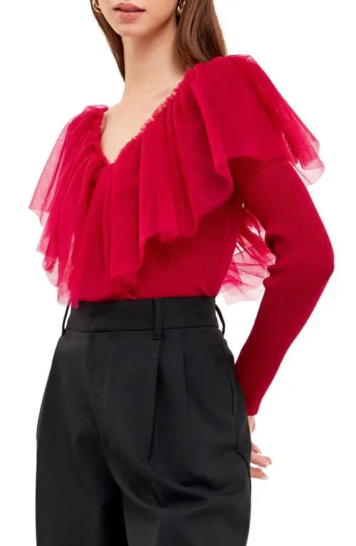 Endless Rose Ruffle Mesh Mixed Media Top - Cherry