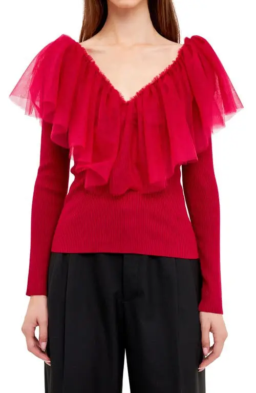 Endless Rose Ruffle Mesh Mixed Media Top - Cherry