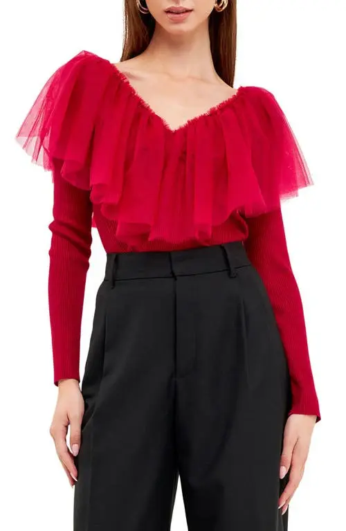 Endless Rose Ruffle Mesh Mixed Media Top - Cherry