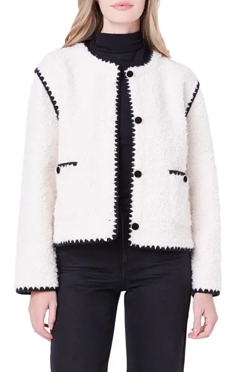 English Factory Contrast Trim Faux Shearling Jacket - Ivory/black