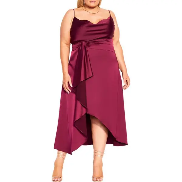 City Chic Satin Cowl Neck Midi Dress - Garnet