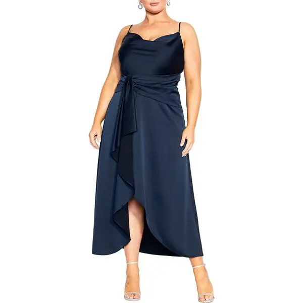 City Chic Satin Cowl Neck Midi Dress - Navy