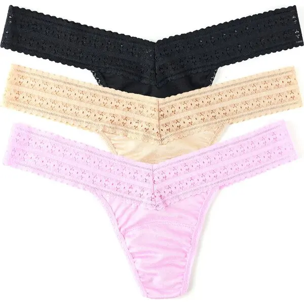 Hanky Panky Dreamease™ Assorted 3-pack Low Rise Thongs - Chai/black/cotton Candy Pink