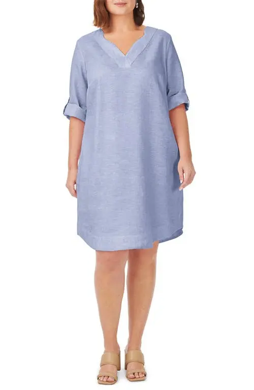 Foxcroft Harmony Roll-Tab Sleeve Linen Shift Dress In Indigo - 61% Off |  Editorialist