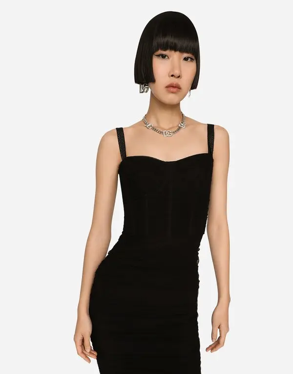 dolce & gabbana bustier tulle midi dress Dolce & Gabbana Camellia-print Tulle Bustier Midi Dress