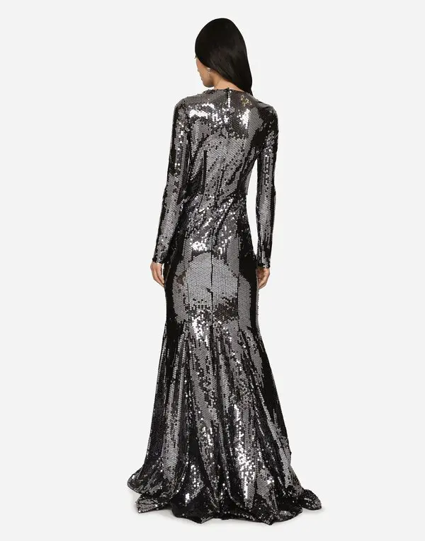 Dolce & Gabbana Long Sequined Dress With Corset Detailing - Grey
