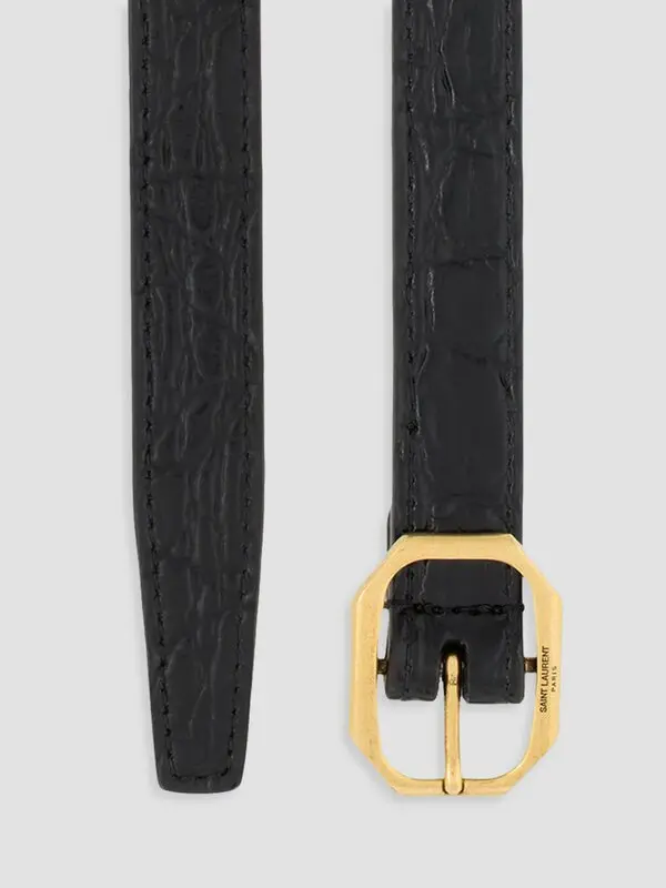 Saint Laurent Frame Buckle Thin Belt In Crocodile-embossed Leather