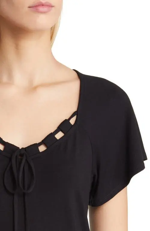 Loveappella Tie Neck Flutter Sleeve Top - Black