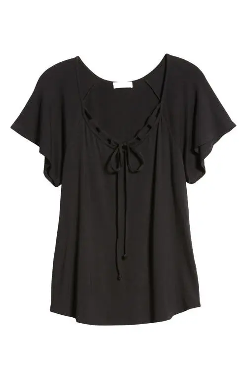 Loveappella Tie Neck Flutter Sleeve Top - Black