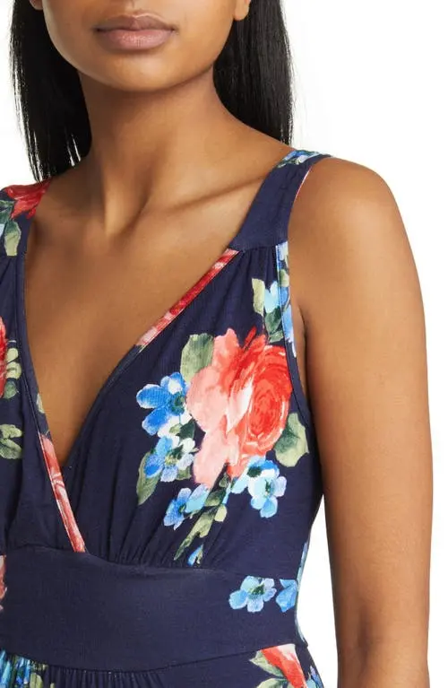 Loveappella Floral Surplice V-neck Knit Maxi Dress - Navy/red
