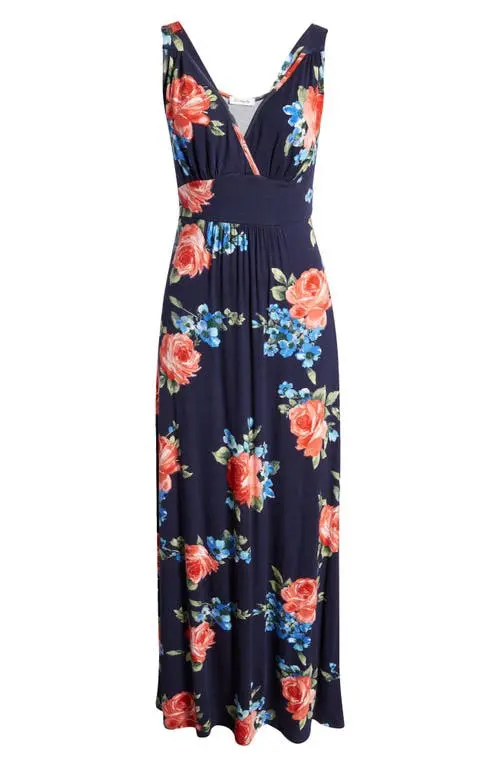 Loveappella Floral Surplice V-neck Knit Maxi Dress - Navy/red