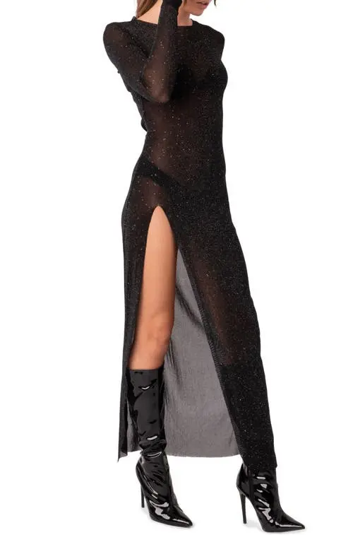 EDIKTED Glitter Mesh Slit Maxi Dress - Black