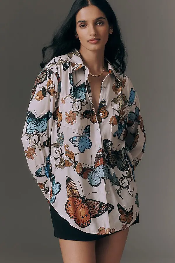 Anthropologie Brielle Relaxed Buttondown Blouse - Ivory Pattern